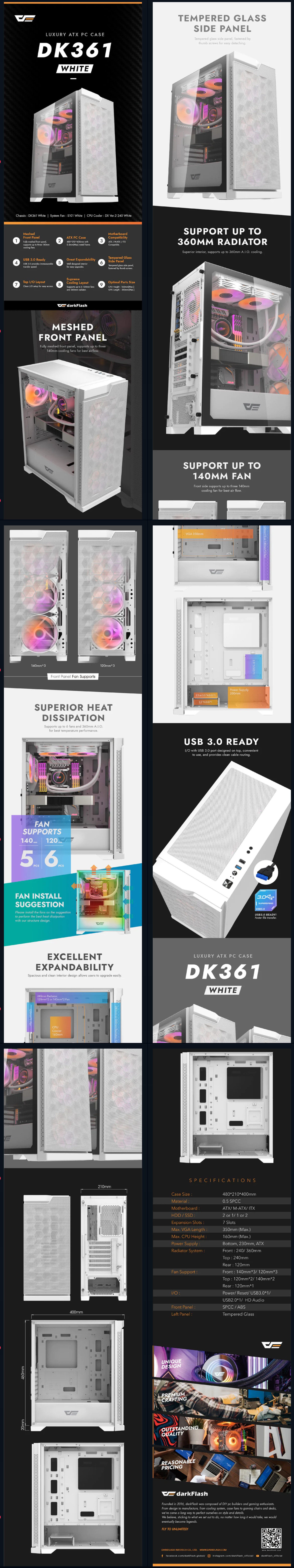 Darkflash Gaming PC Case Tempered Glass ATX Tower Computer Case with 4x ARGB Fans (DK361) (White ...